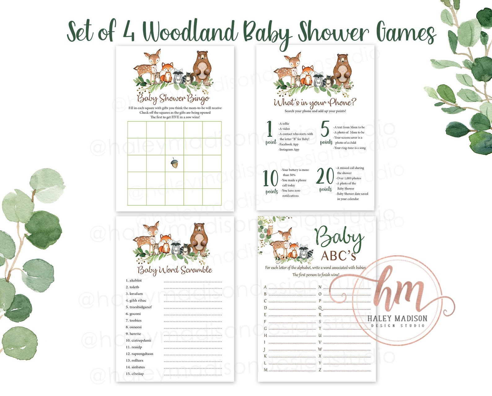 Set of 4 Woodland Baby Shower Games Woodland Bingo Woodland What's in ...