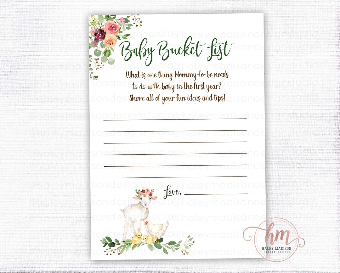 PRINTABLE Floral Farm Baby Bucket List Cards, Farm Baby Shower Wishes ...
