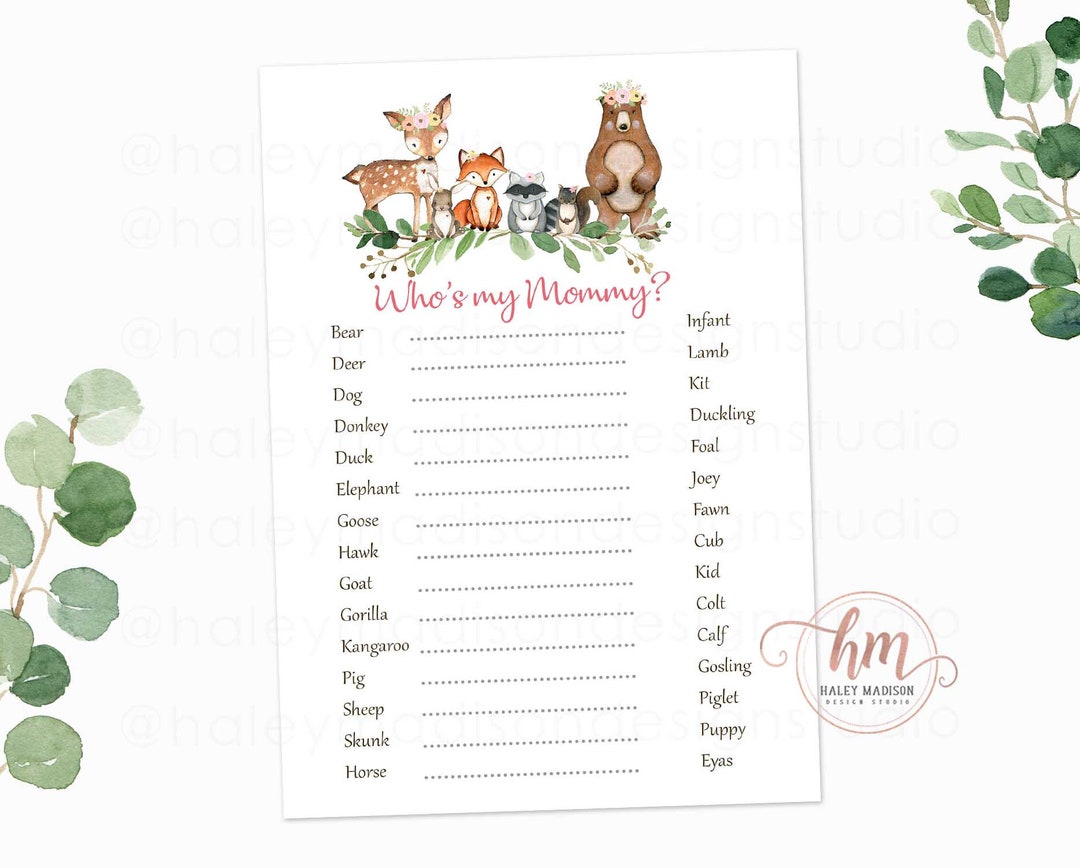 Who's My Mommy FLORAL Woodland Baby Shower Game, Woodland Greenery Baby ...