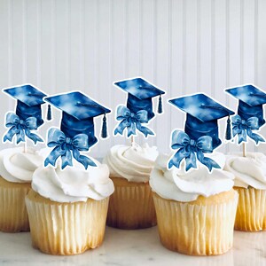 Blue Bow Graduation Cap Cupcake Toppers, Graduation Party Decoration ...
