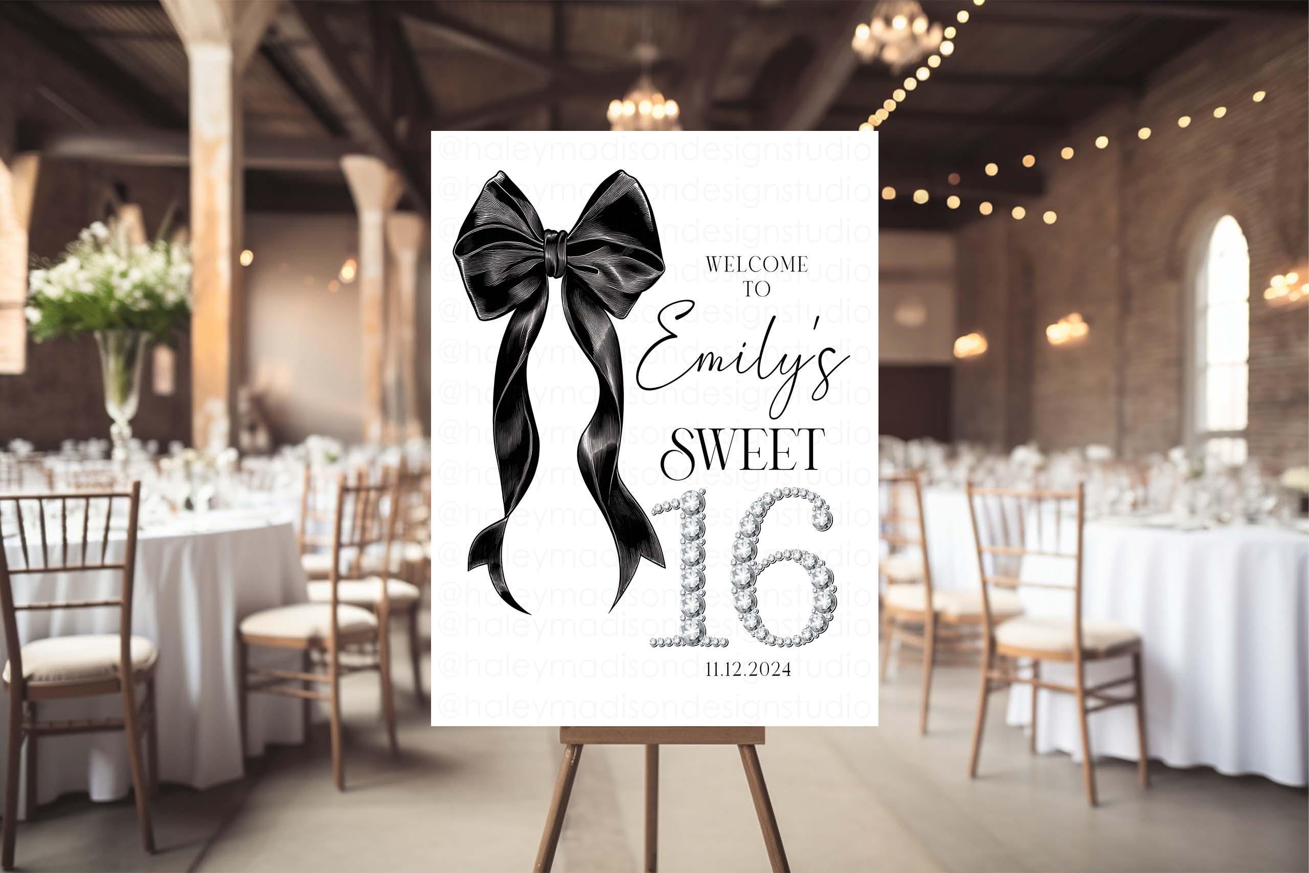 Black Bow Birthday Party Welcome Sign, Sweet 16 Coquette Black Bow ...