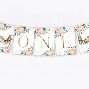 Floral Woodland One High Chair Banner, Woodland First Birthday ONE ...