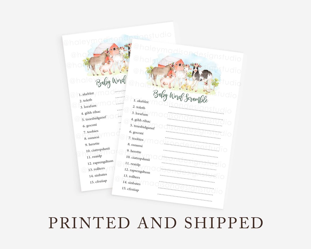 Floral Farm Baby Word Scramble Game, Farm Baby Shower Word Scramble ...