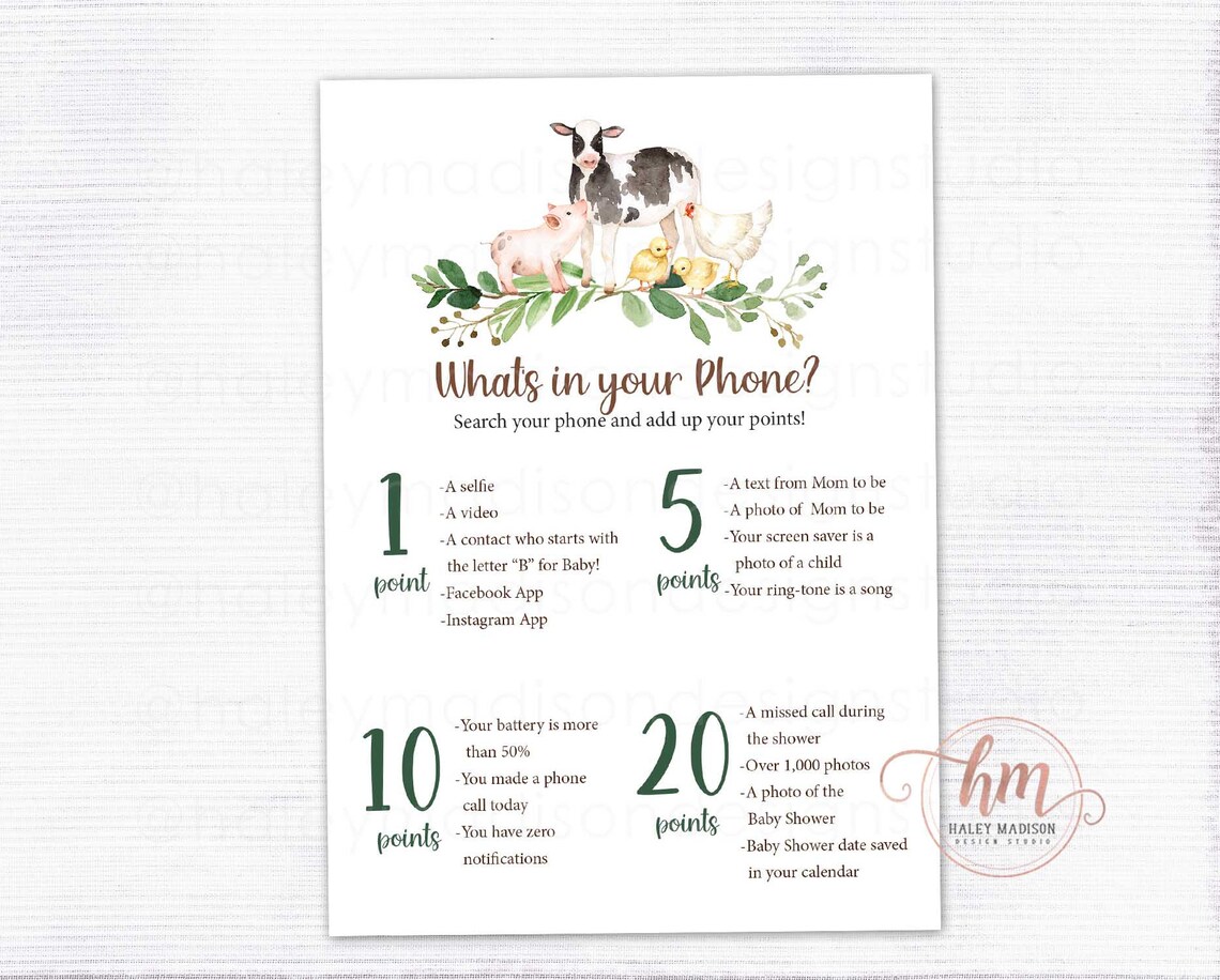 Farm What's in Your Phone Baby Shower Game, Farm Phone Game, Farm ...