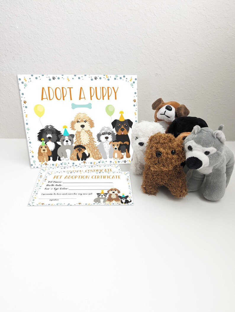 Adopt a Puppy Certificate and Puppy Favors, Puppy Party Adoption Cards ...