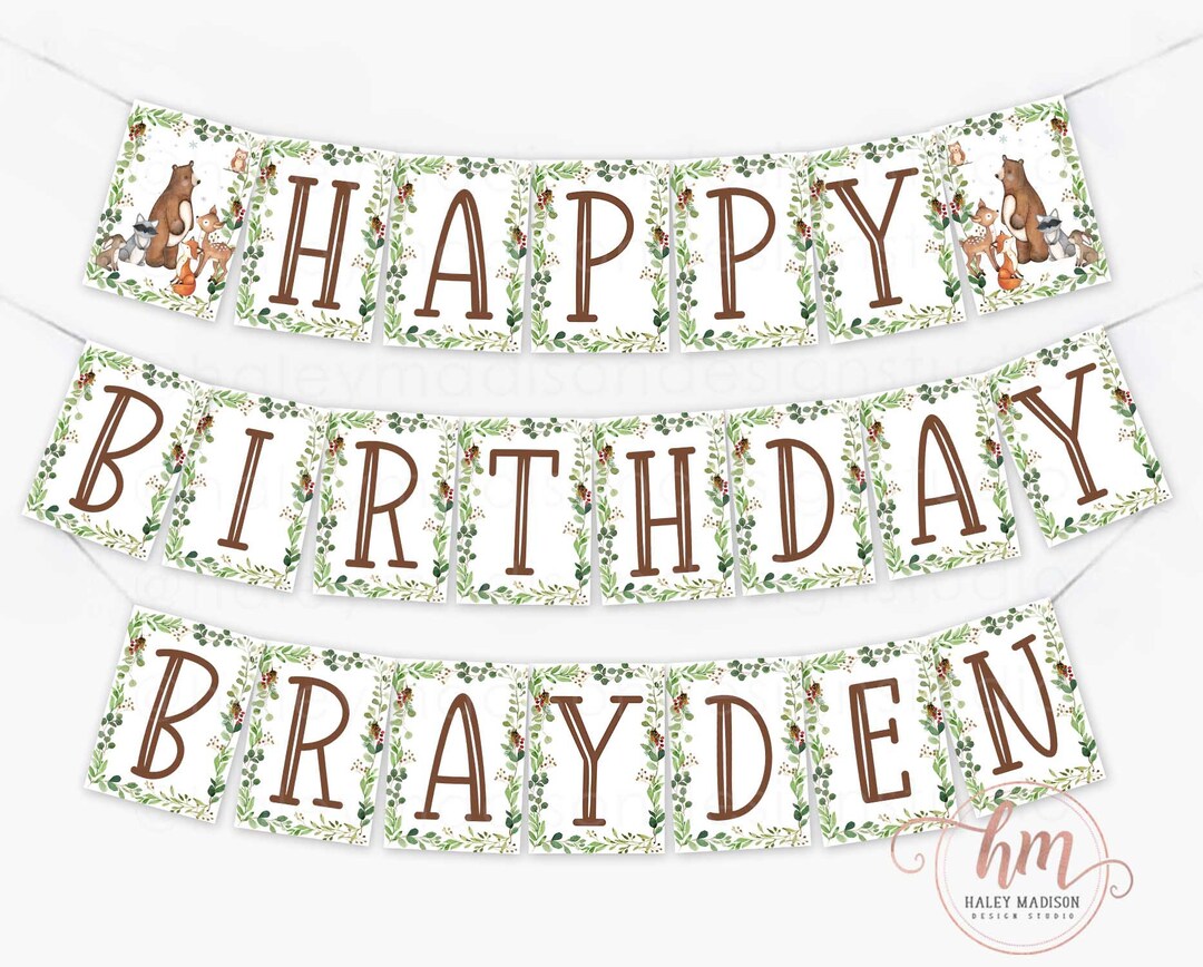 Winter Woodland Happy Birthday Banner, Woodland Greenery Birthday ...