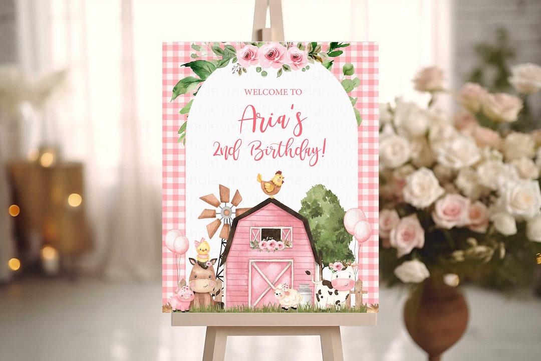 Pink Farm Animals Welcome Sign Farm Birthday Welcome Sign Floral Farm ...