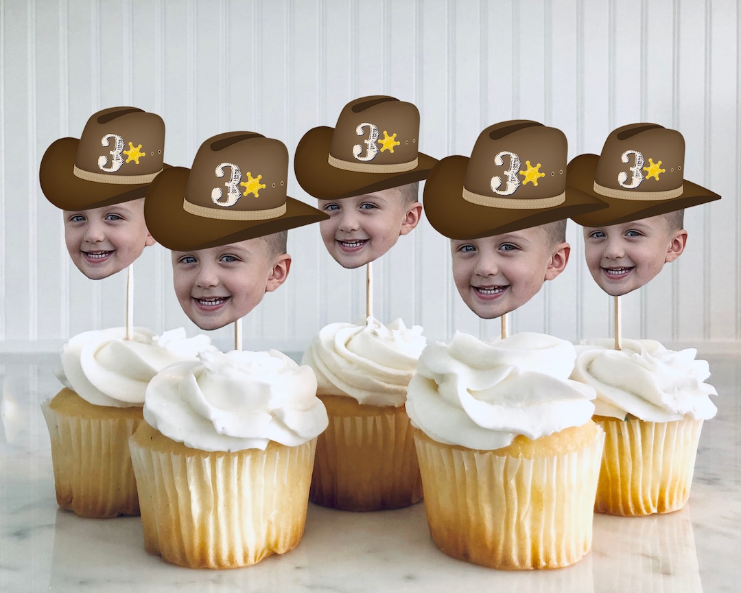 Set of 12 Little Cowboy Cupcake Toppers With Face Photo Cowboy Hat ...