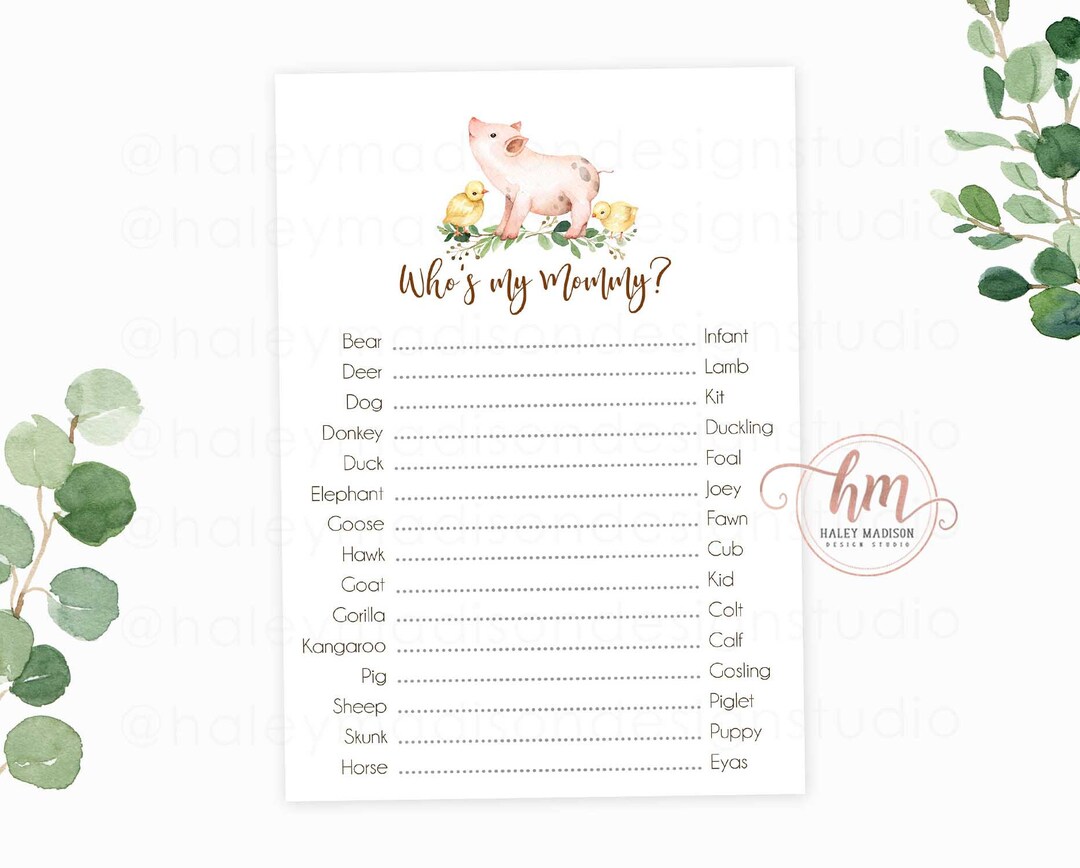 Who's My Mommy Farm Baby Shower Game, Farm Greenery Baby Shower, Farm ...