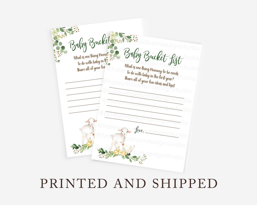 Farm Baby Shower Bucket List Cards, First Year Advice Printed and ...