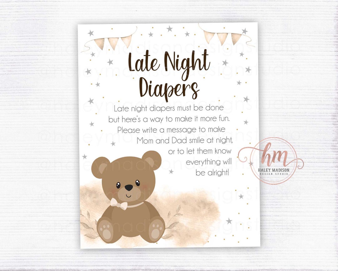 Teddy Bear Late Night Diapers Sign, Bearly Wait Baby Shower Diapers ...
