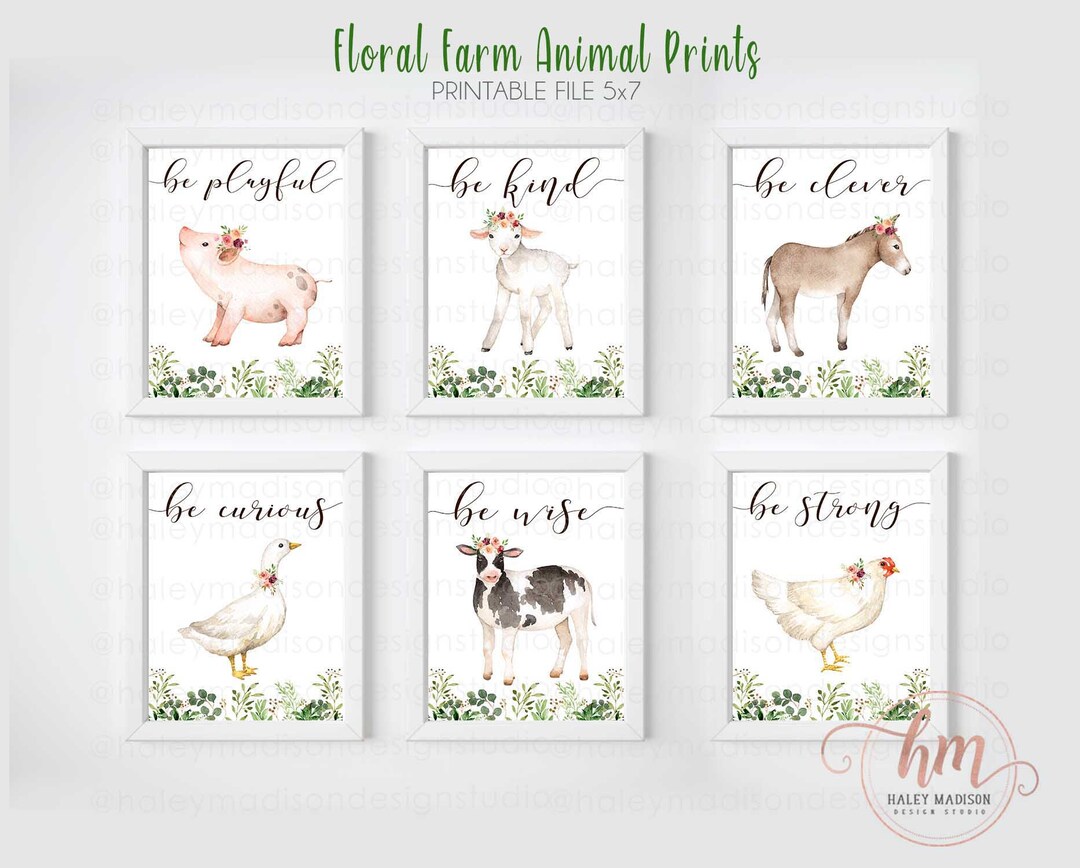 PRINTABLE 5X7 FLORAL Farm Animal Signs Set of 6, Farm Nursery Signs ...