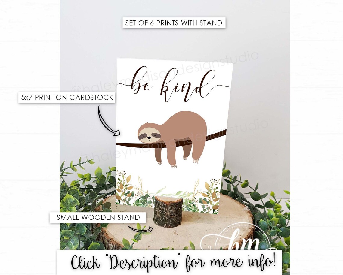 Set of 6 Sloth Center Pieces, Size 5x7 With Small Wooden Stand, Sloth ...