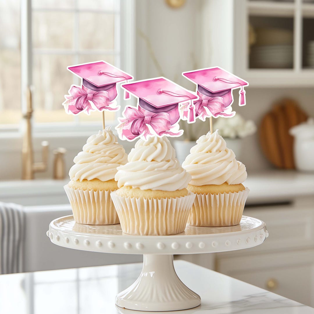 Pink Bow Graduation Cap Cupcake Toppers, Graduation Party Decoration ...