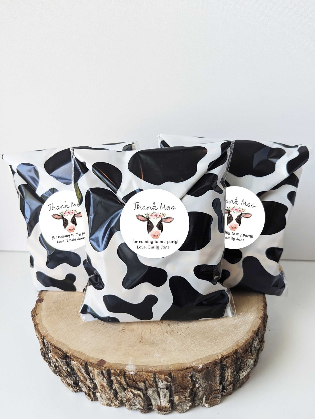 Set of 12 Stickers and Bags, Cow Party Favors, Farm Cow Birthday Tags ...