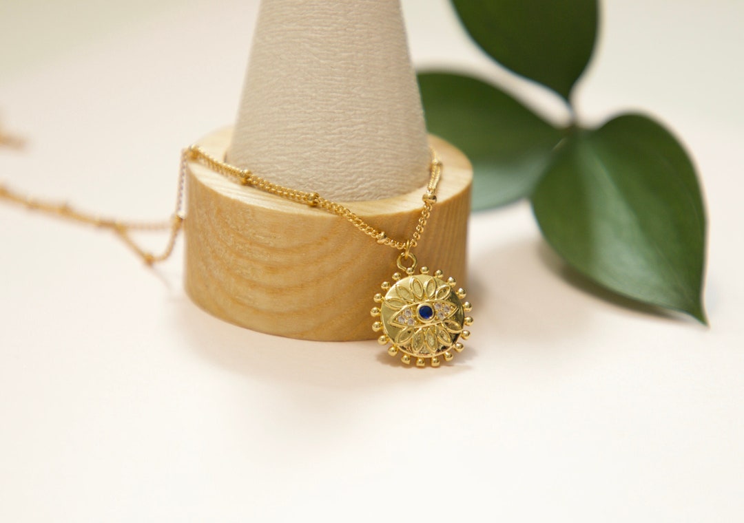 Gold Sunflower Evil Eye Coin Pendant Necklace, CZ Floral Charm - Etsy