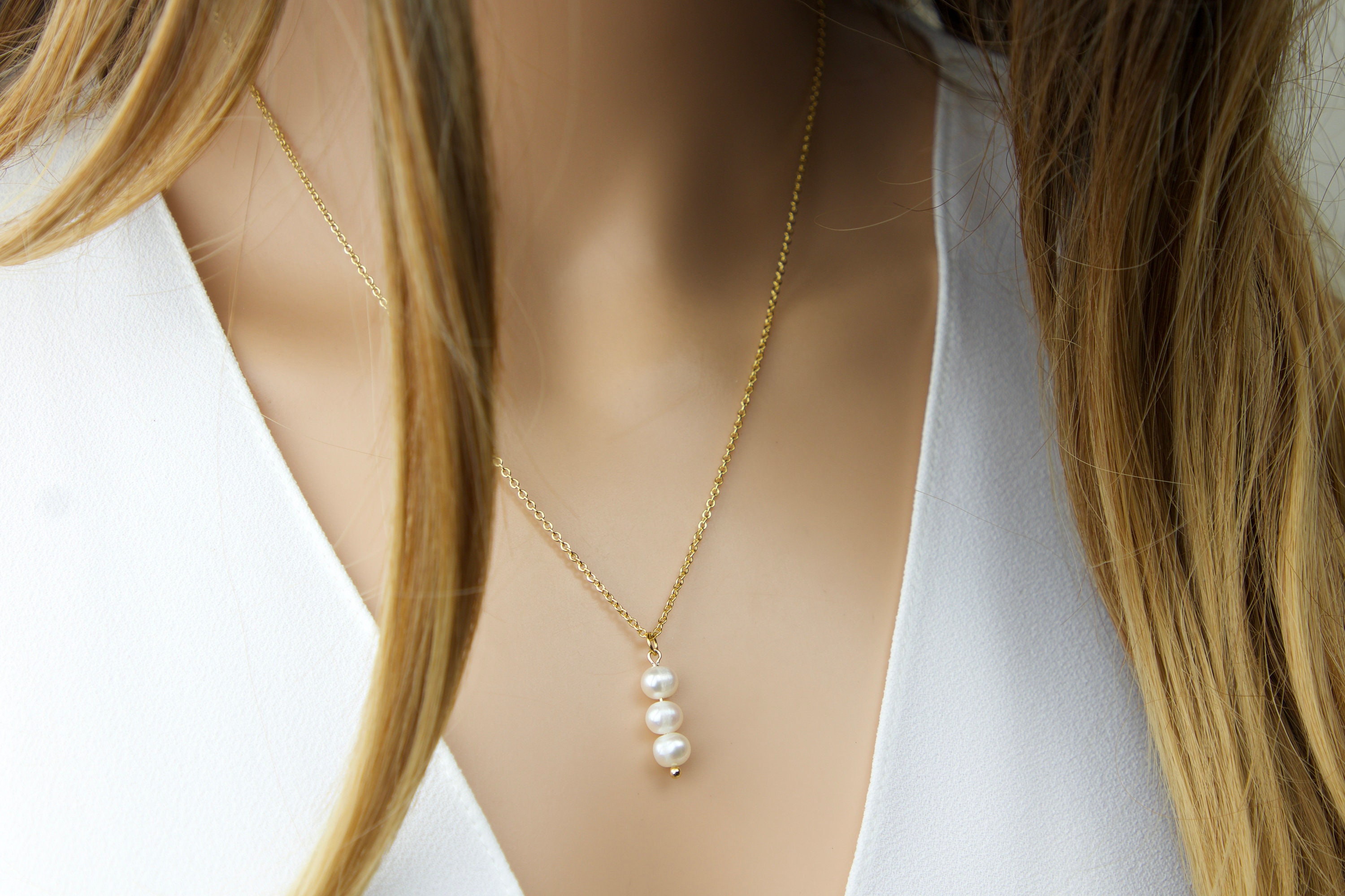 Three Pearl Necklace-vertical Bar-triple Pearl-dainty-layering-bridal ...