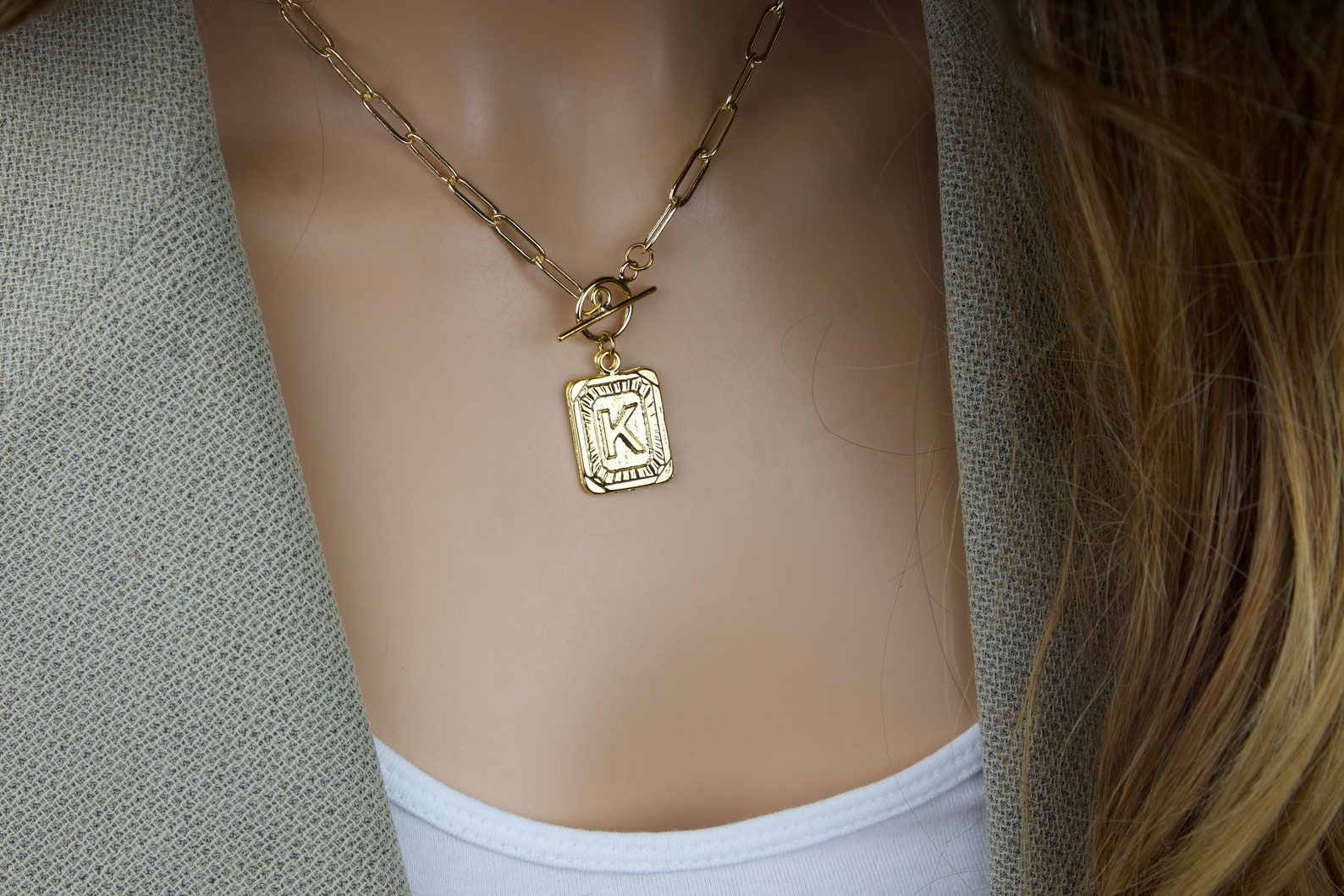 Rectangle Initial Necklace Toggle Necklace Rectangle Letter - Etsy