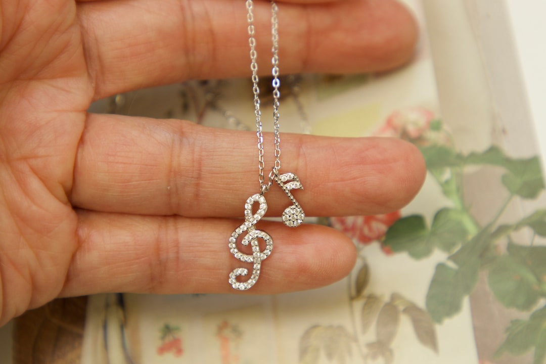 Music Note Necklace, Treble Clef and Sixteenth Note, CZ Diamond, Gold ...