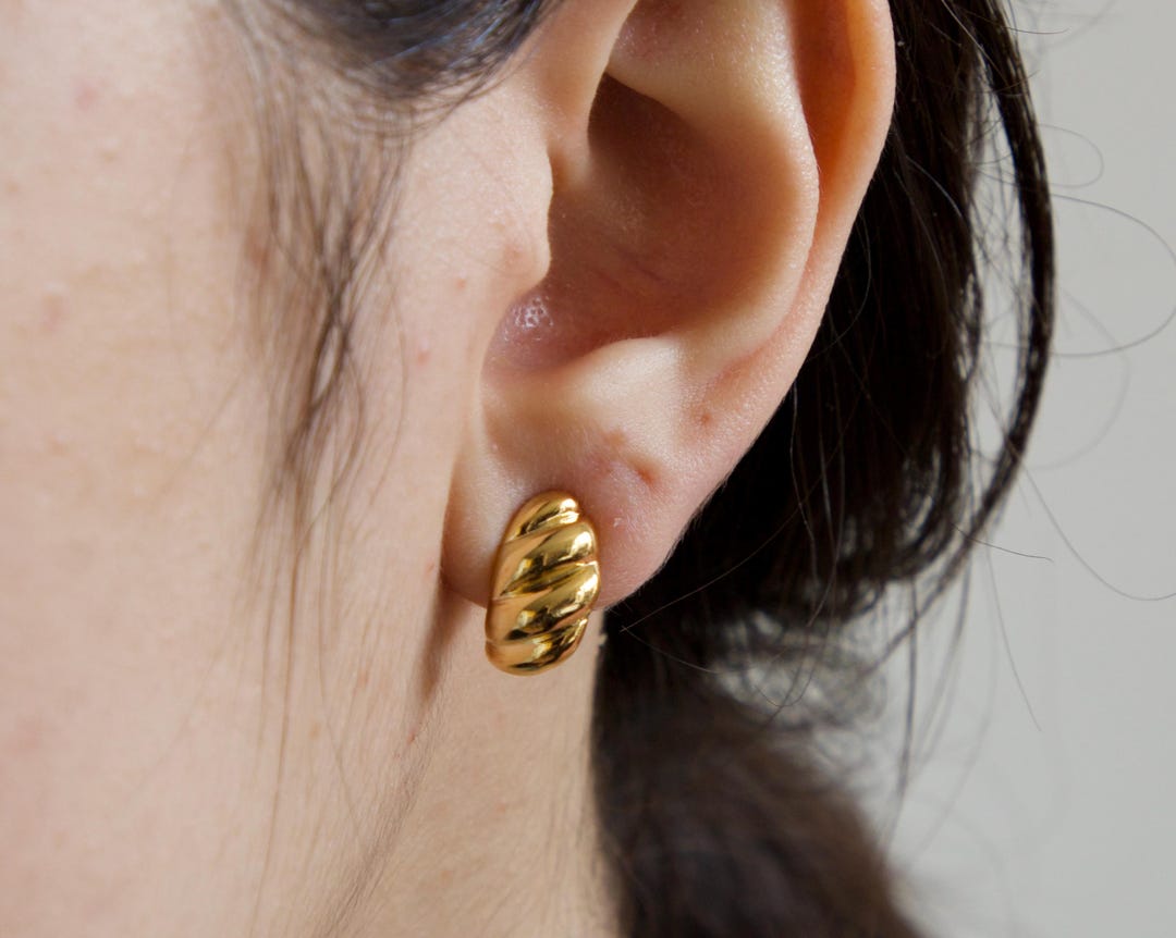 Gold Croissant Stud Earrings, 18k Gold Filled, Minimalist Ribbed Dome ...