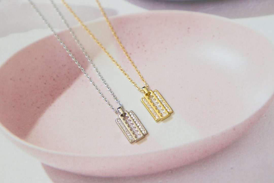 Dainty Razor Blade Necklace, Small CZ Diamond Razor Pendant, Modern ...