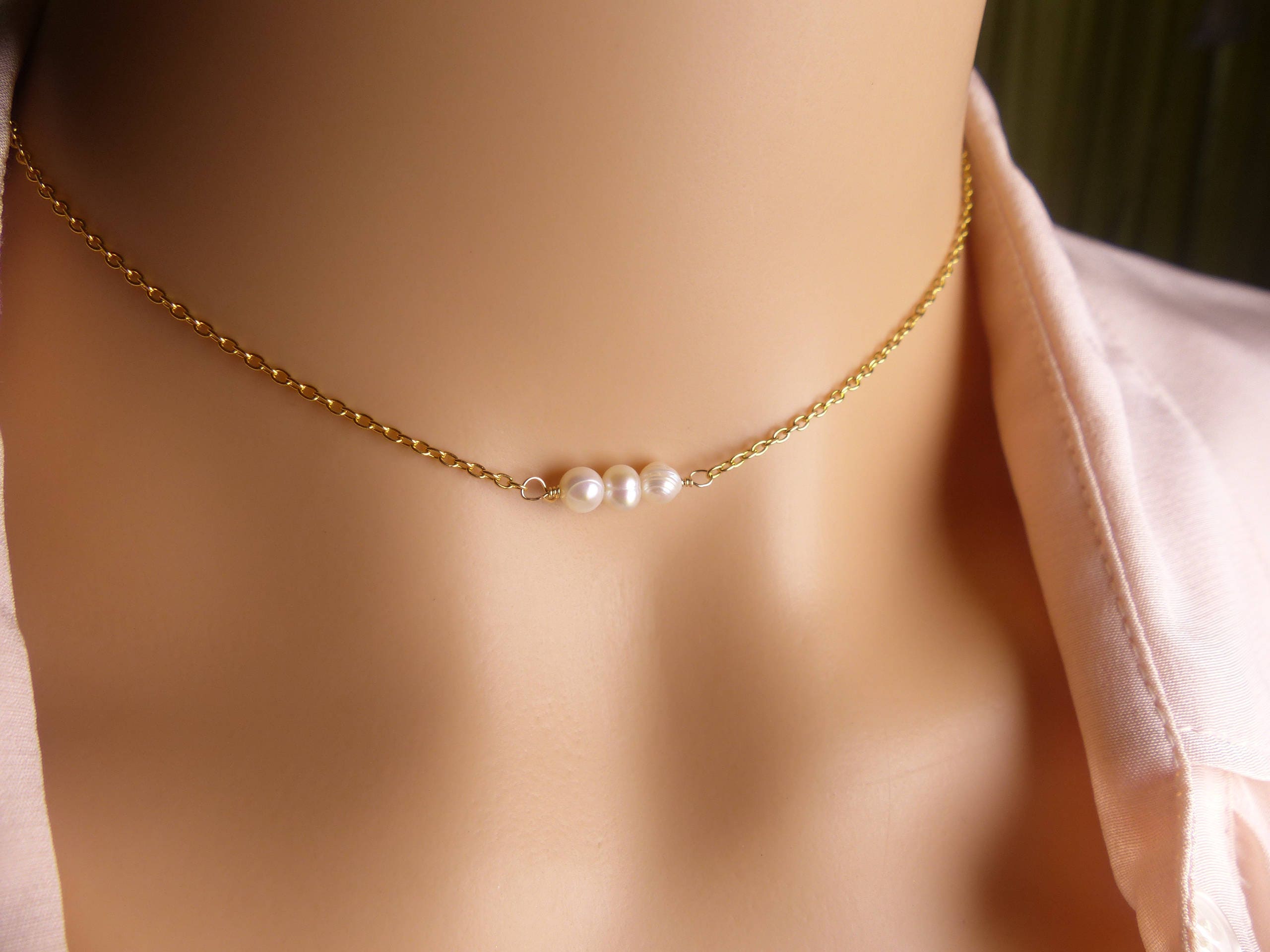 Tiny Freshwater Pearl Choker Necklace Bridesmaid Jewelry Etsy