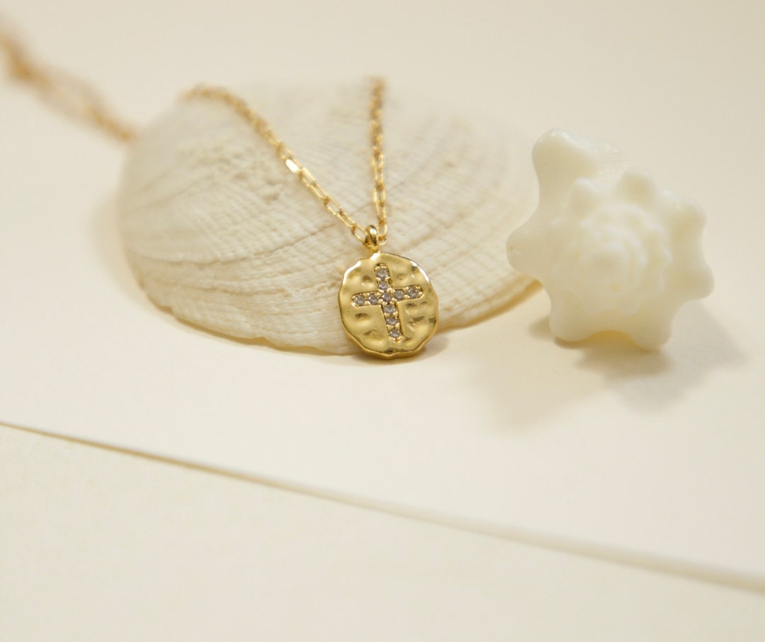 Gold Cross Coin Pendant Necklace, CZ Diamond, Christian Jewelry - Etsy