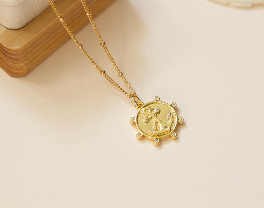 Golden Anchor Coin Necklace, Nautical Jewelry, Marine Charm, Beach ...