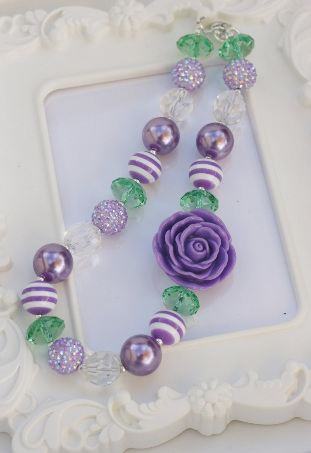 Purple Rose Chunky Necklace, Lavender Rose Gumball Necklace, Purple ...