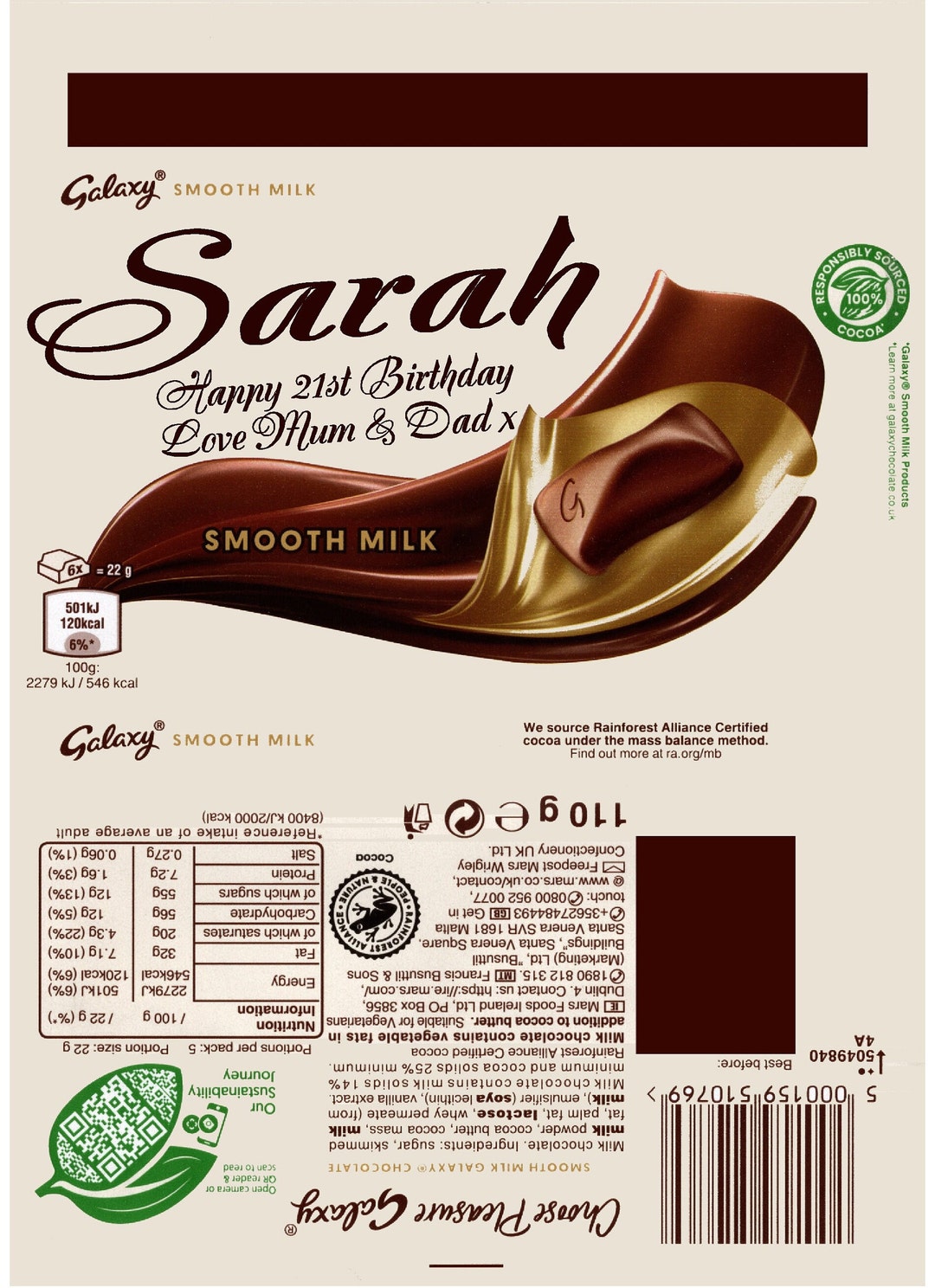 Personalised GALAXY Chocolate Wrapper - for 110g Bar - Add Any Text ...