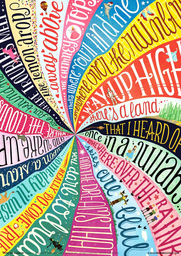 Wizard of Oz Film Poster, Over the Rainbow Typography Lyrics ...