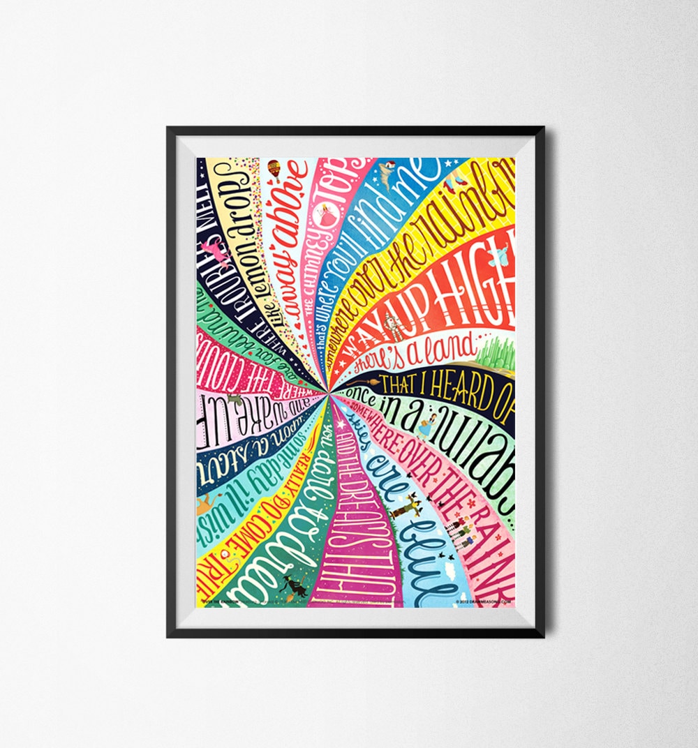 Wizard of Oz Film Poster, Over the Rainbow Typography Lyrics ...