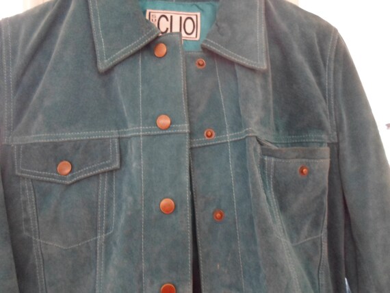 Vintage CLIO Teal Suede Leather Jacket Size 4 Beautif… - Gem
