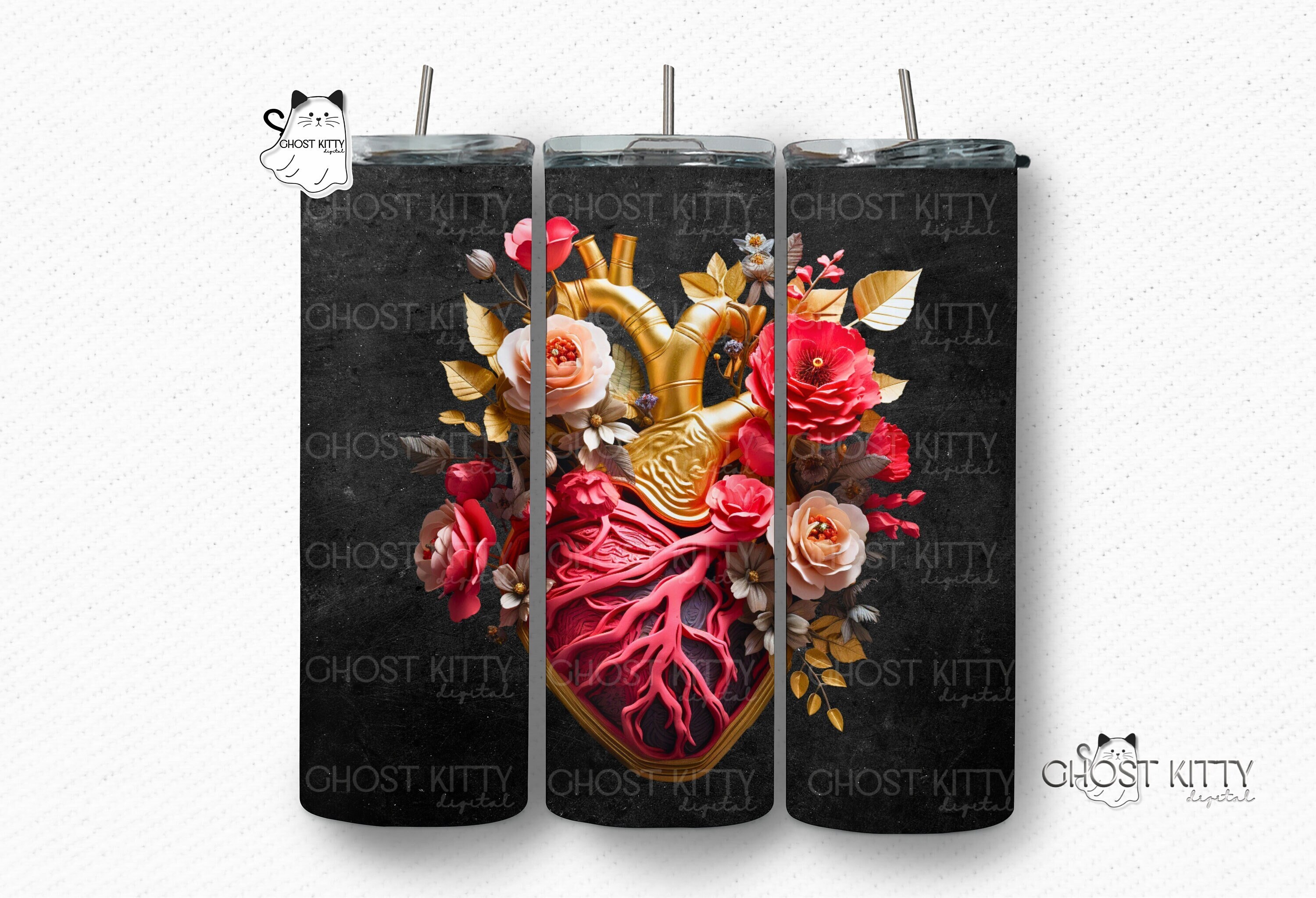 Valentines Tumbler Wrap PNG Gold Anatomical Heart Vase Sublimation Mug ...