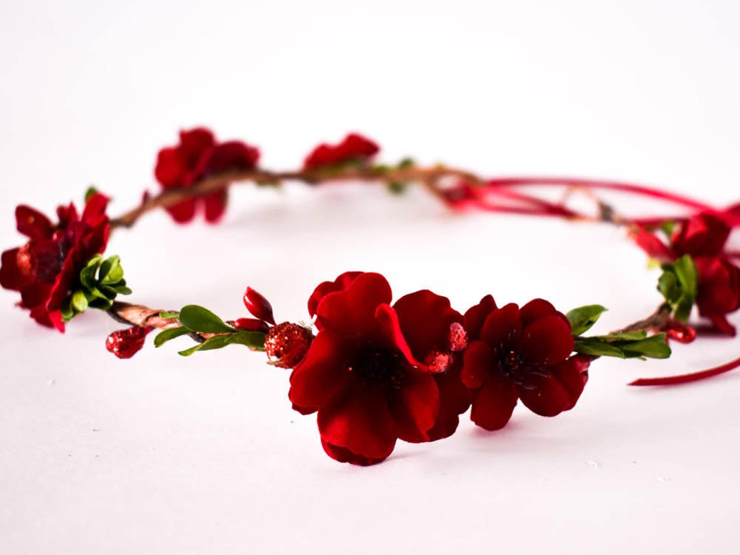 Deep Red Velvet Flower Crown. Burgundy Floral Crown . Red Rustic Flower ...