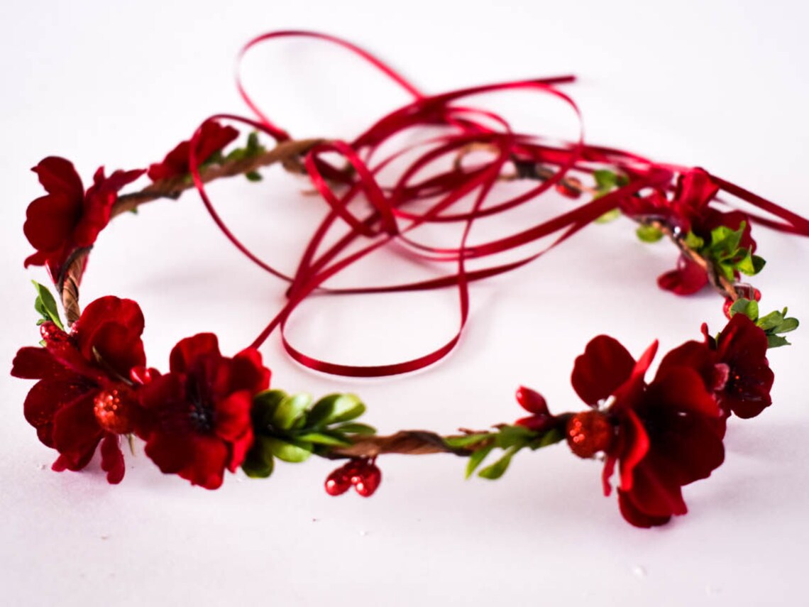 Deep Red Velvet Flower Crown. Burgundy Floral Crown . Red Rustic Flower ...