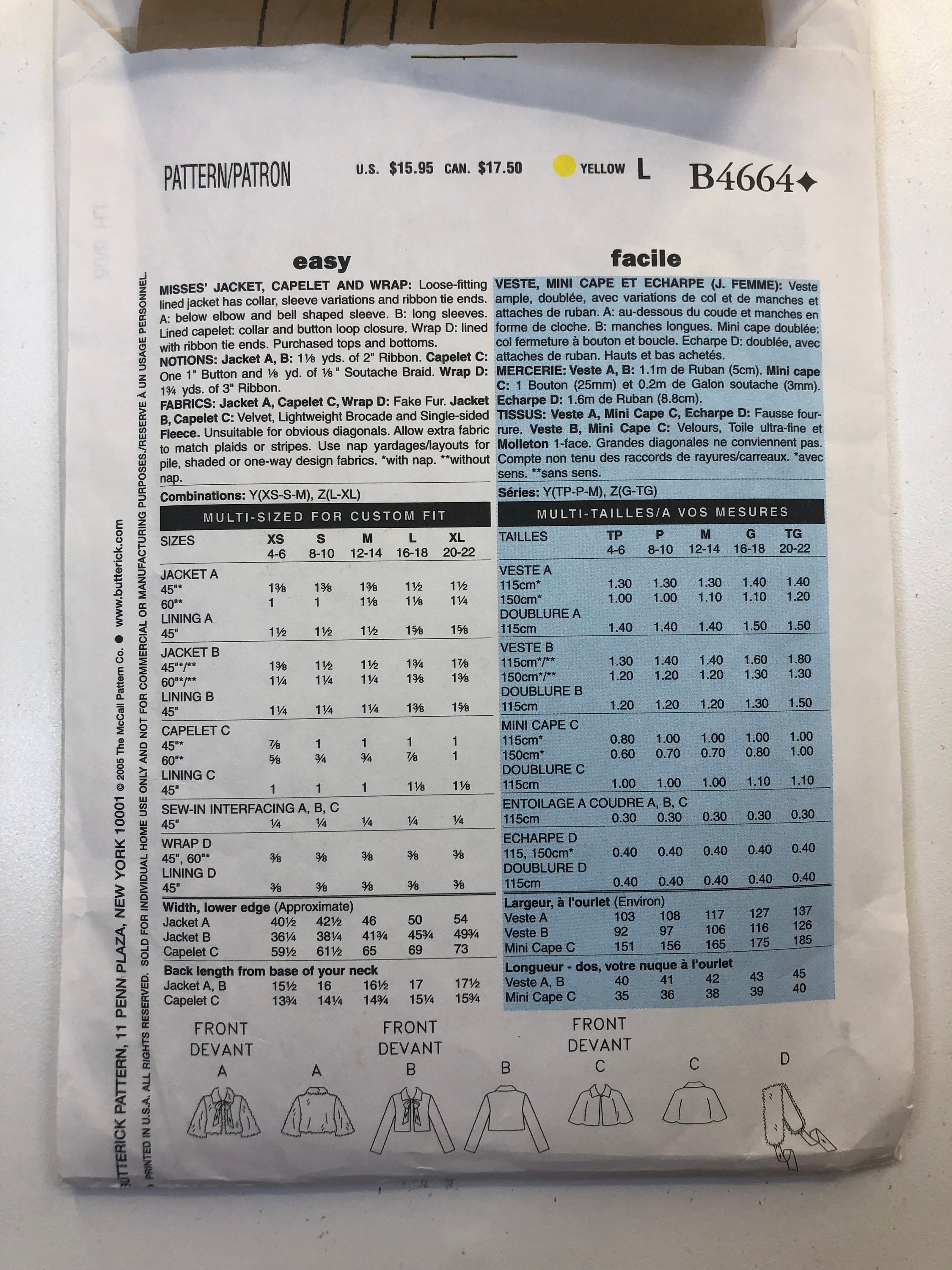 Butterick Sewing Pattern B4664 Butterick Xsm Small Medium Misses ...