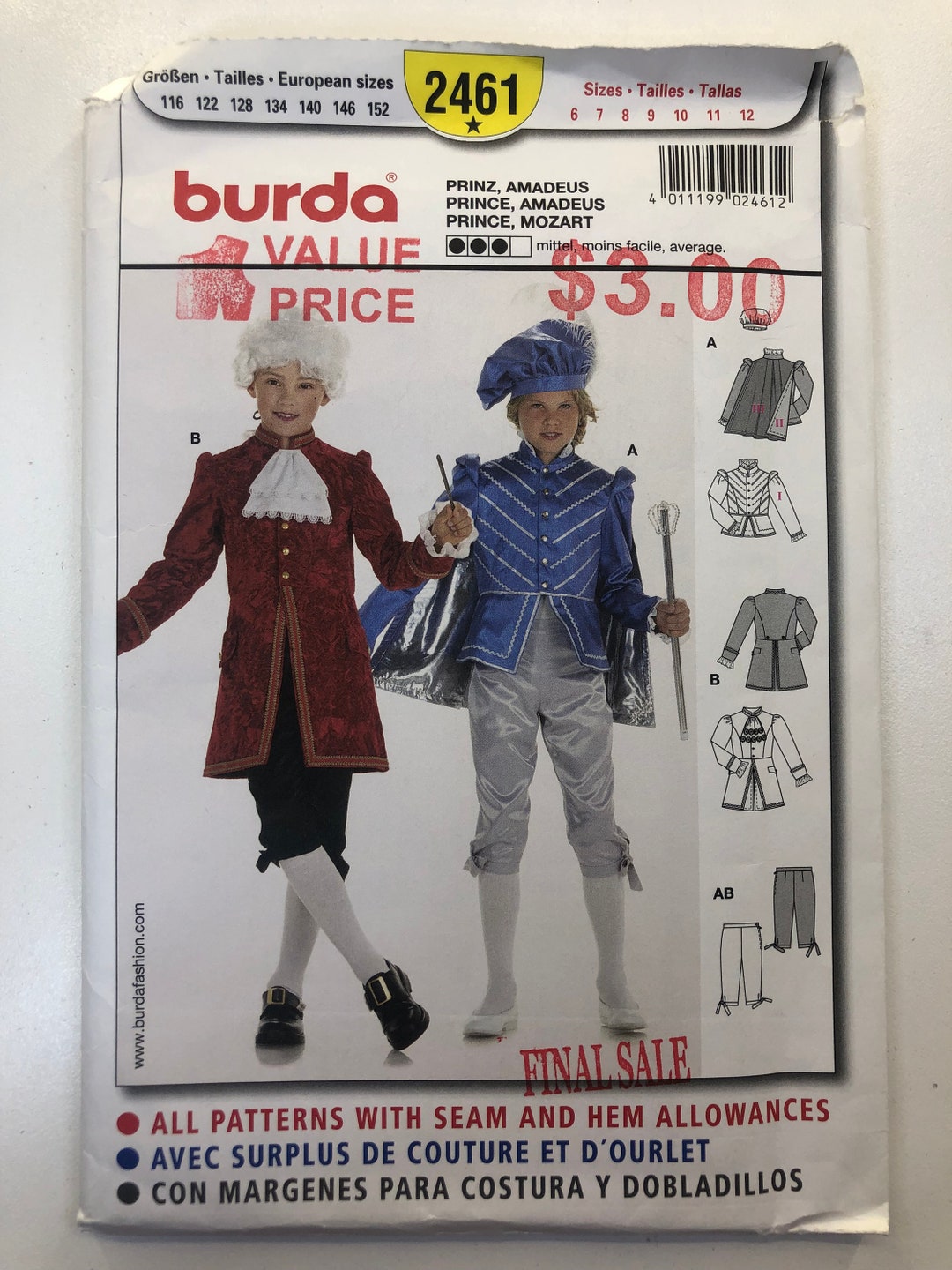 Burda Style Sewing Pattern 2461 Costume -prinz Amadeus - Theater ...