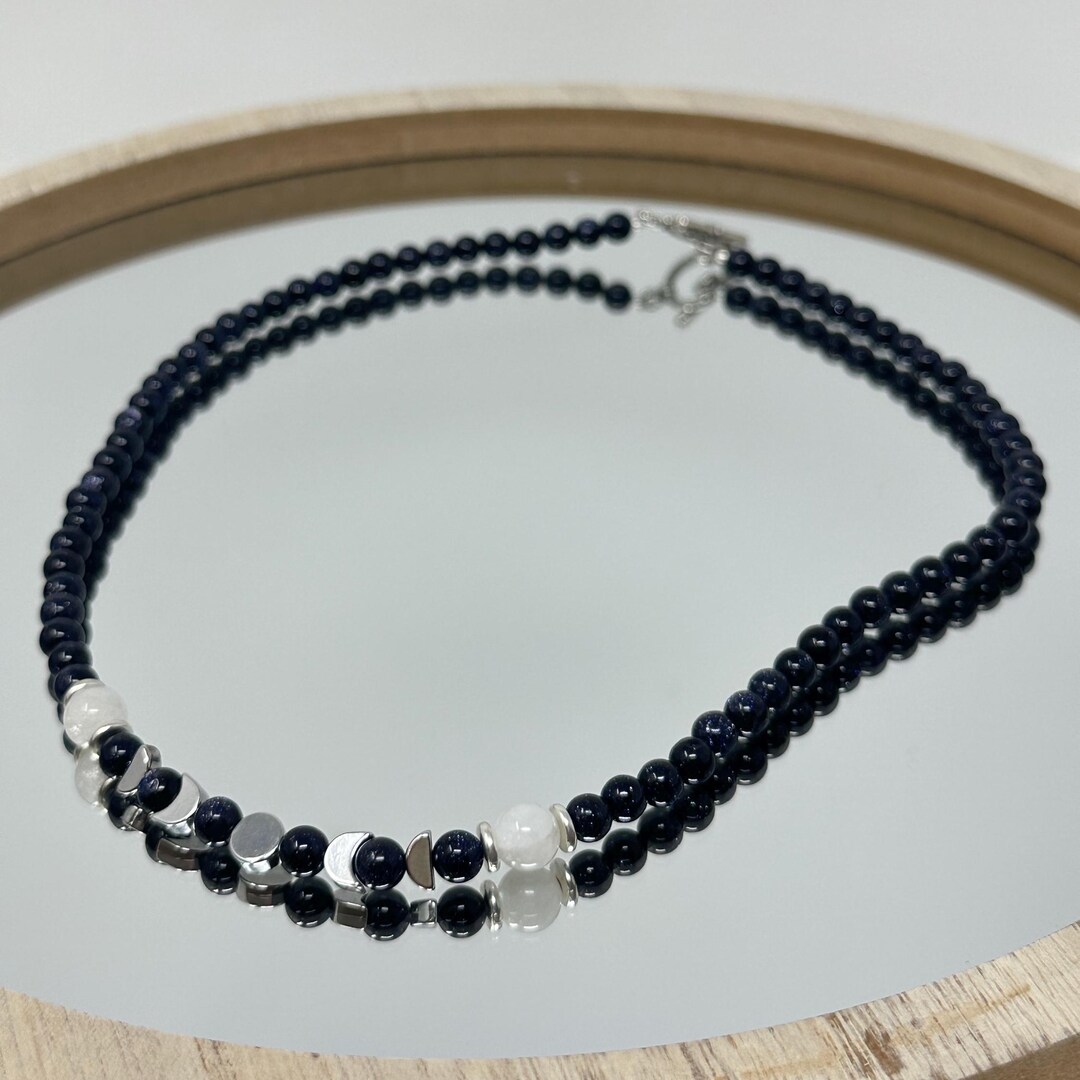 Blue Goldstone and Rainbow Moonstone Beaded Toggle Clasp Necklace ...
