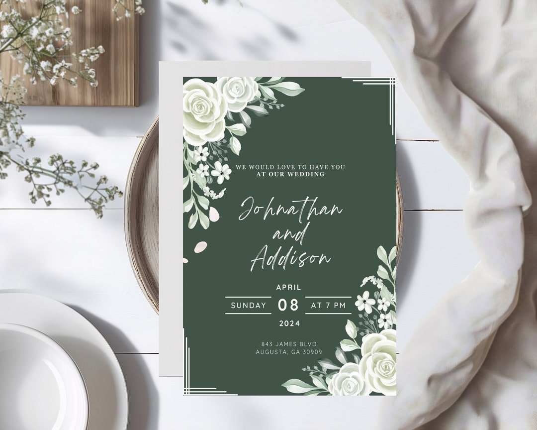 Custom Digital Wedding Invitation Template Hunter Green and White Large ...