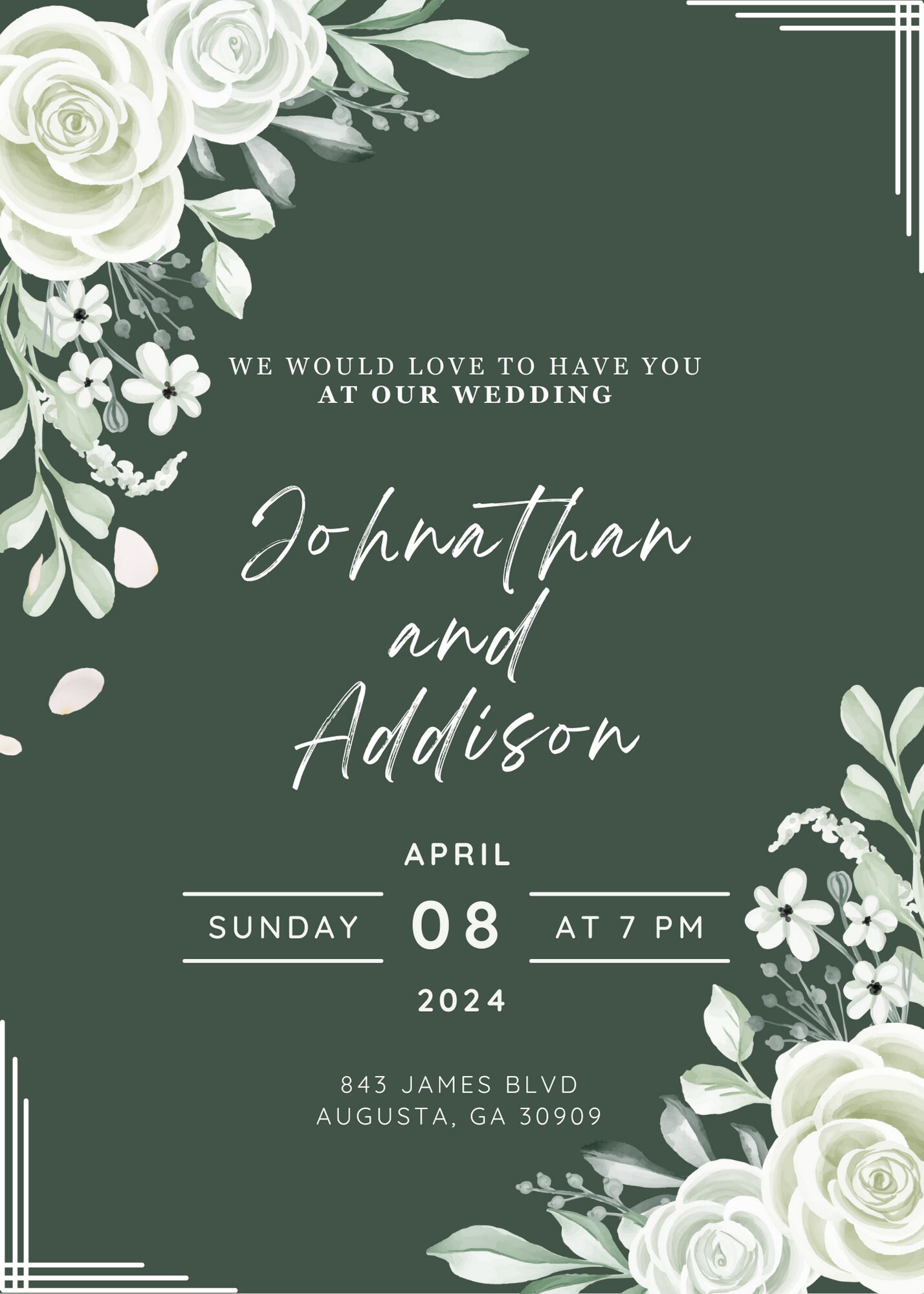 Custom Digital Wedding Invitation Template Hunter Green and White Large ...