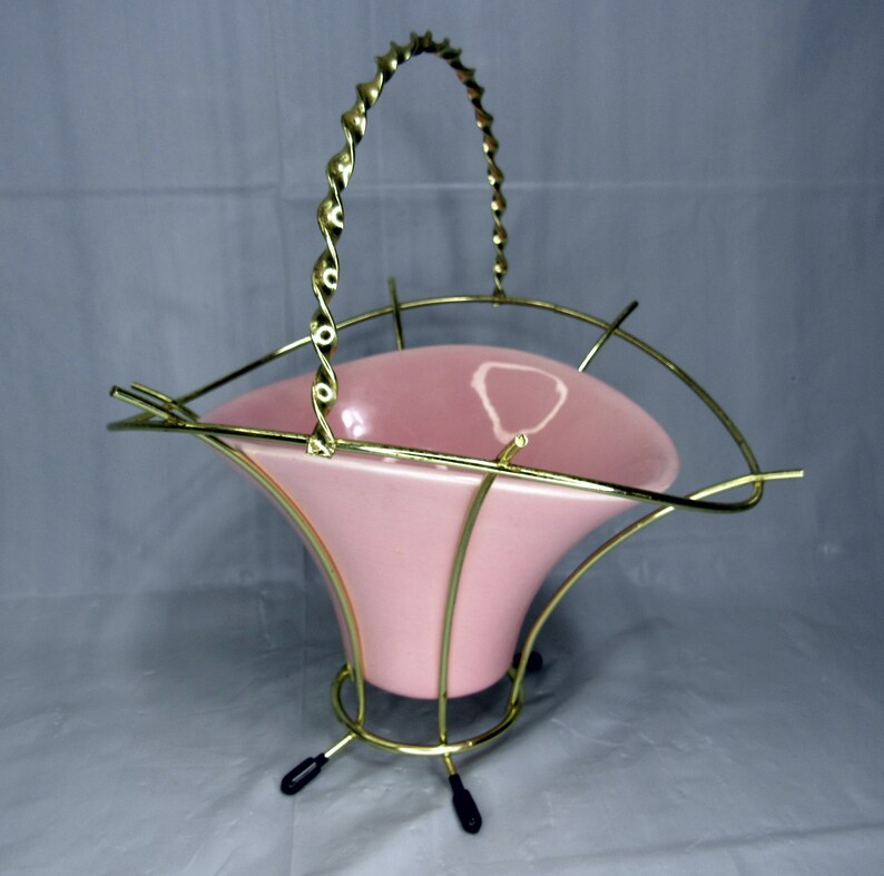1950s MCM Miramar California Pottery Pink Planter Vase W/gold Metal ...