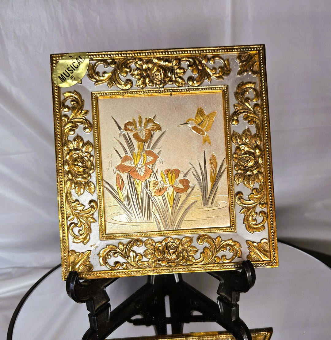 1960s Chokin Gold Music Box Picture Framed - Lilies in Pond With ...