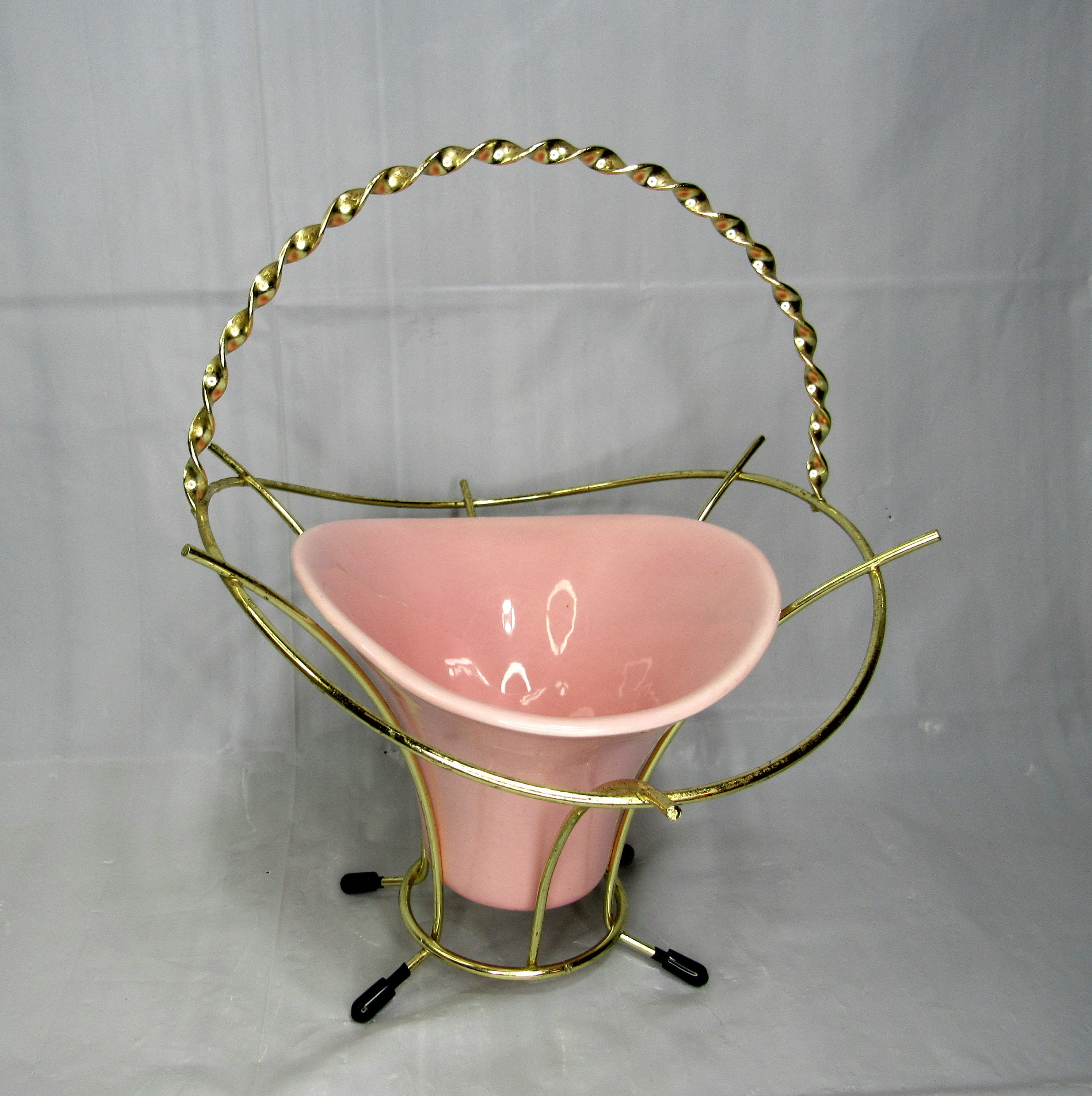 1950s MCM Miramar California Pottery Pink Planter Vase W/gold Metal ...