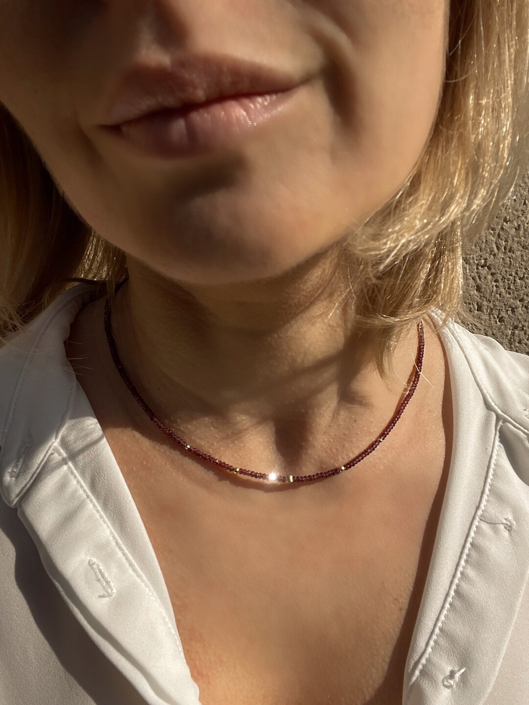 Garnet Choker, Solid Gold 18k, Minimalist Necklace - Etsy