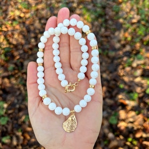 White Bead Necklace With Golden Sea Shell Charm, Summer Necklace, Boho ...