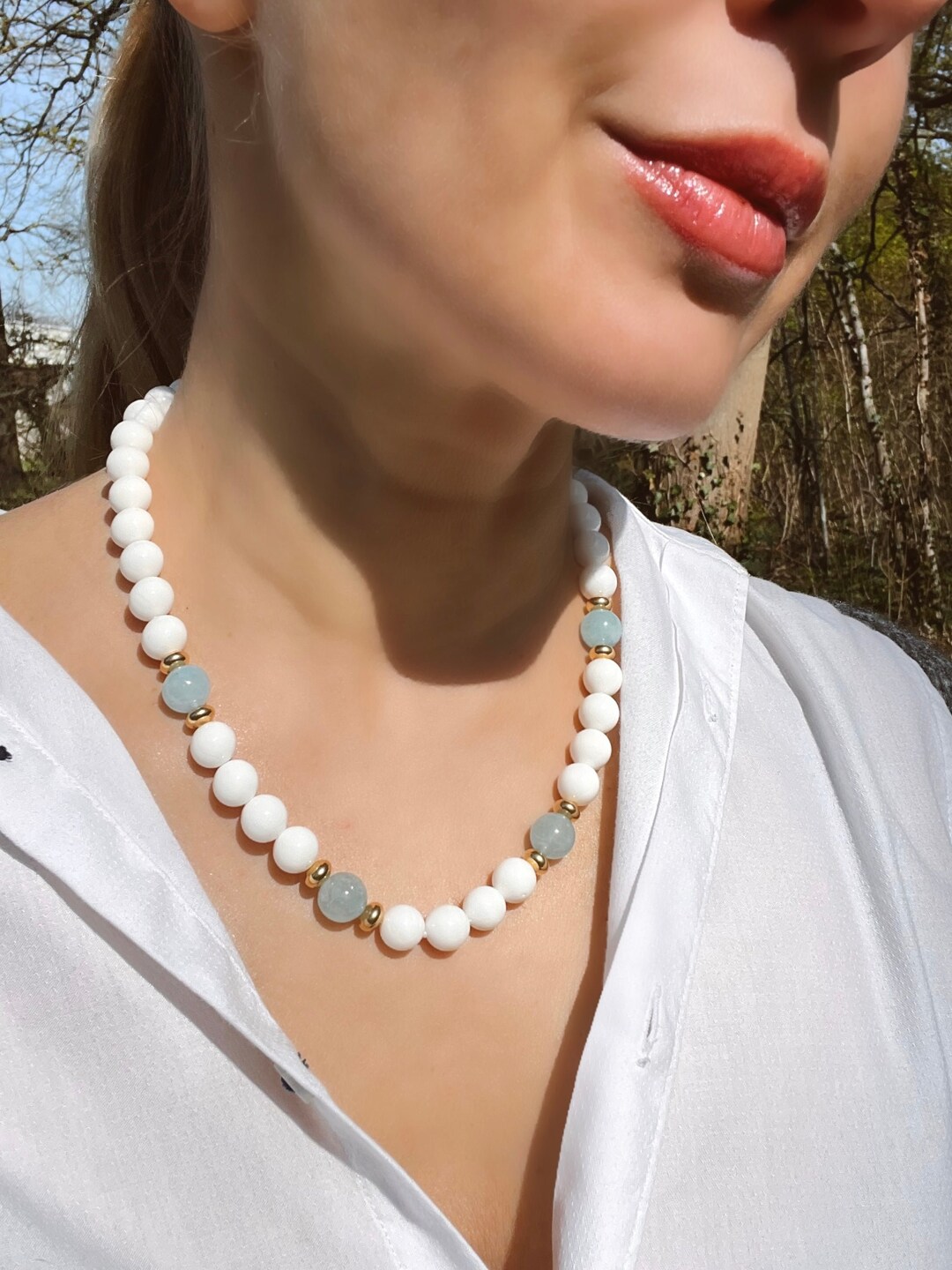 Clam Shell & Aquamarine Beaded Necklace: Gold Vermeil Accent - Etsy