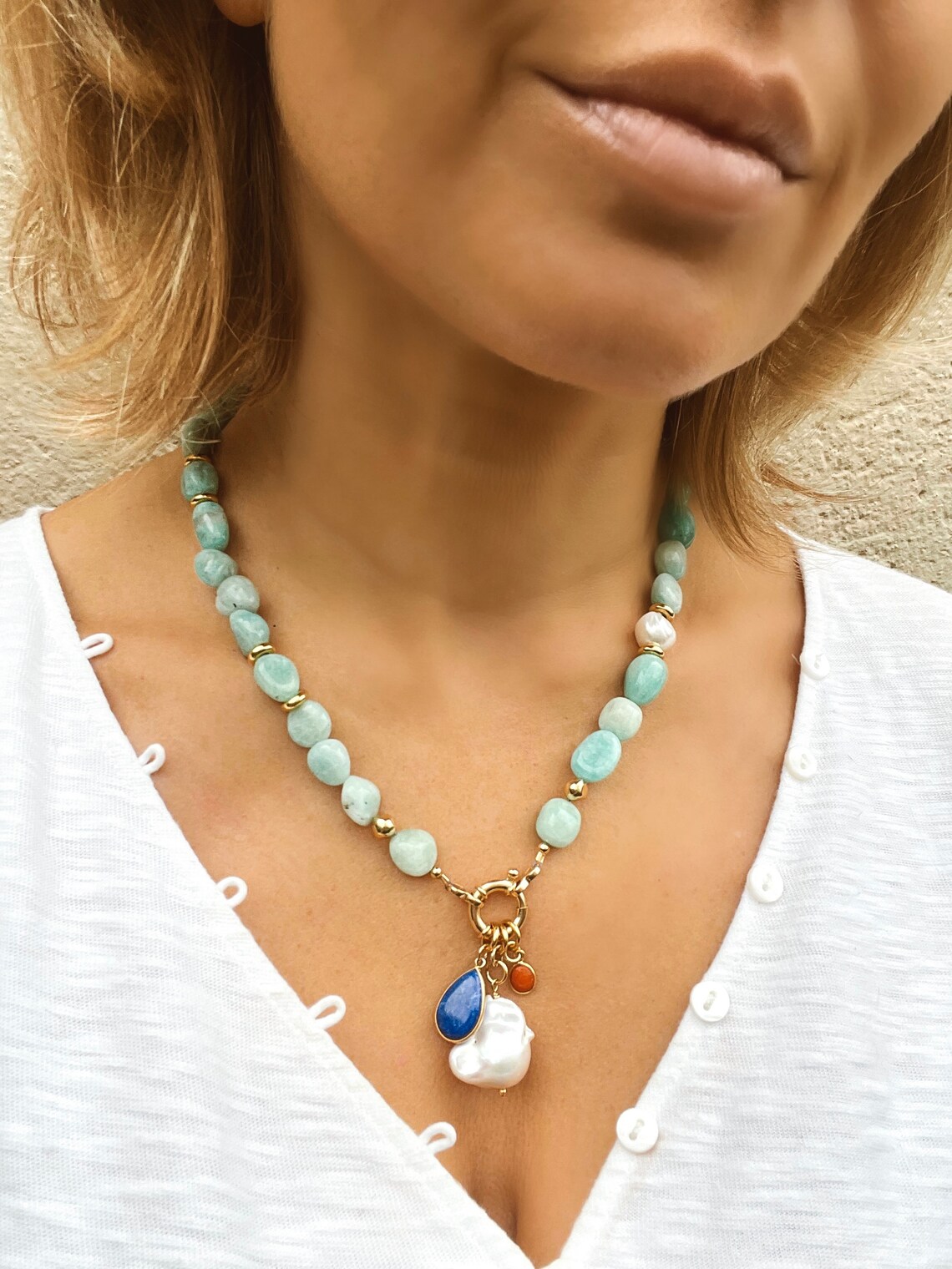 Amazonite Necklace Amazonite and Pearl Necklace With - Etsy