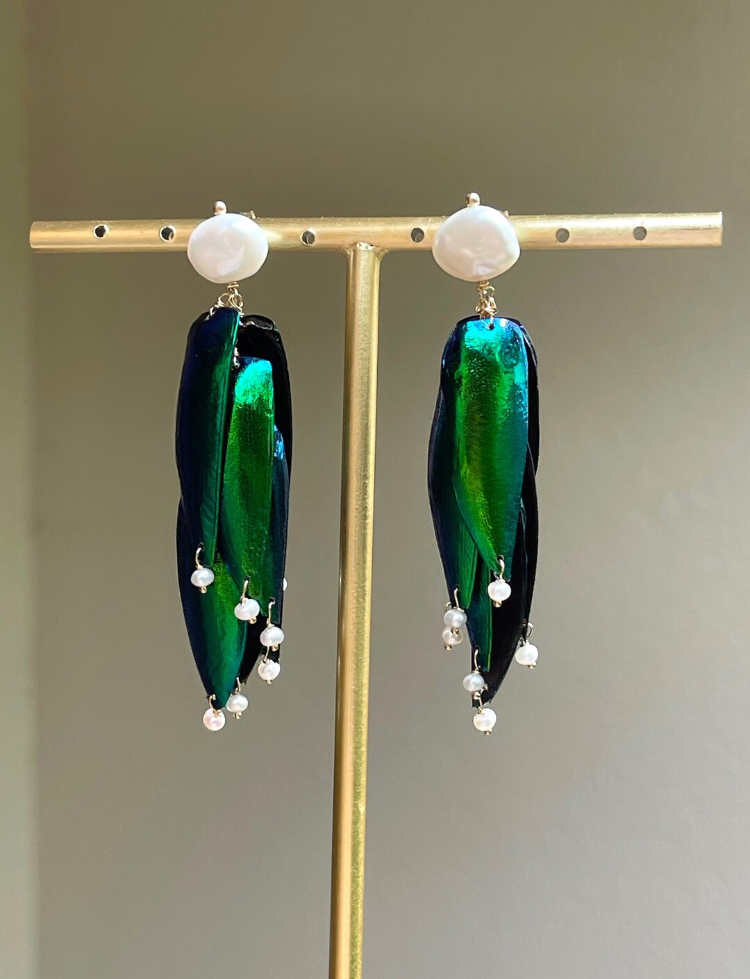 Scarab Beetle Wing Earrings: Gold Plated Silver, Freshwater Pearl ...