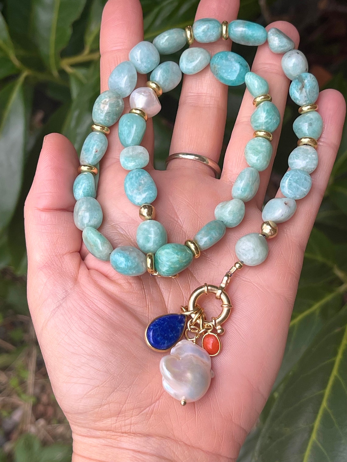 Amazonite Necklace Amazonite and Pearl Necklace With - Etsy